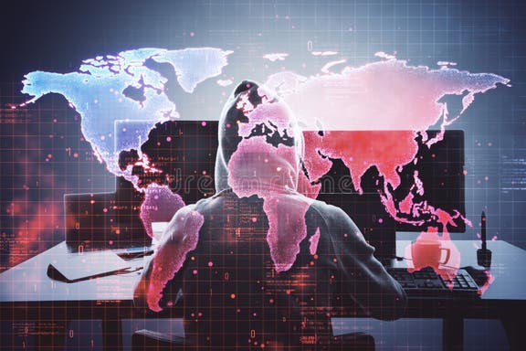 Hacker in Hoodie Using Computer with Digital World Map Overlay, Cyber Security Stock Image ...