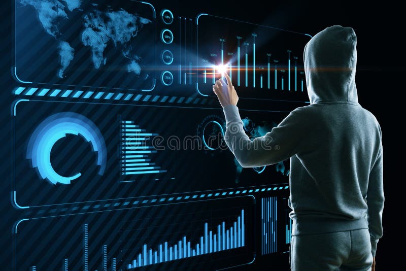 Hacker in Hoodie Using Creative Glowing Blue Business Chart Interface ...