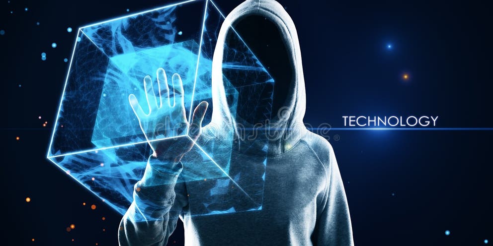 Hacker in Hoodie Using Creative Square Polygonal Technology Hologram on ...