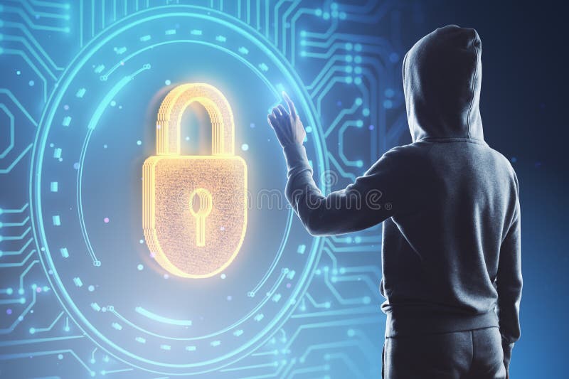 Hacker in Hoodie Using Glowing Digital Padlock in Circular Tech ...
