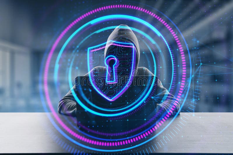 Hacker in Hoodie Using Laptop with Digital Round Polygonal Padlock ...