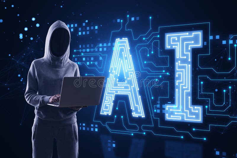 Hacker in Hoodie Using Laptop with Glowing Digital Polygonal AI ...