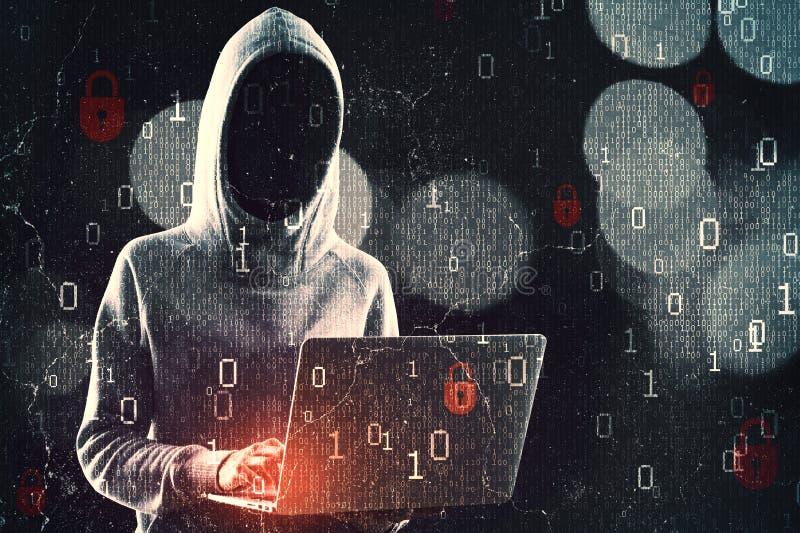 Hacker In Hoodie Using Laptop While Standing On Abstract Hacking Background With Bokeh Circles