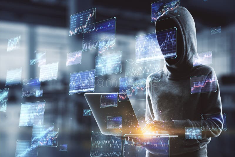 Hacker in Hoodie Using Laptop with Various Forex Screens on Blurry ...