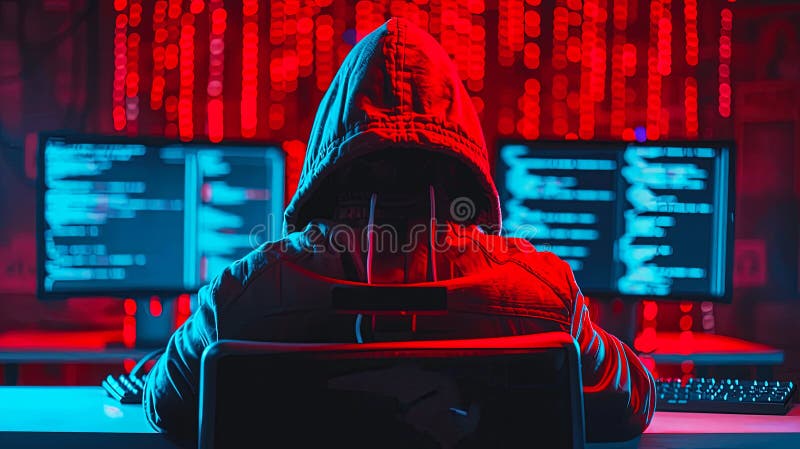 Hacker in Hoodie Using Multiple Monitors with Code, Engaging in Cybersecurity, Data Theft, or ...