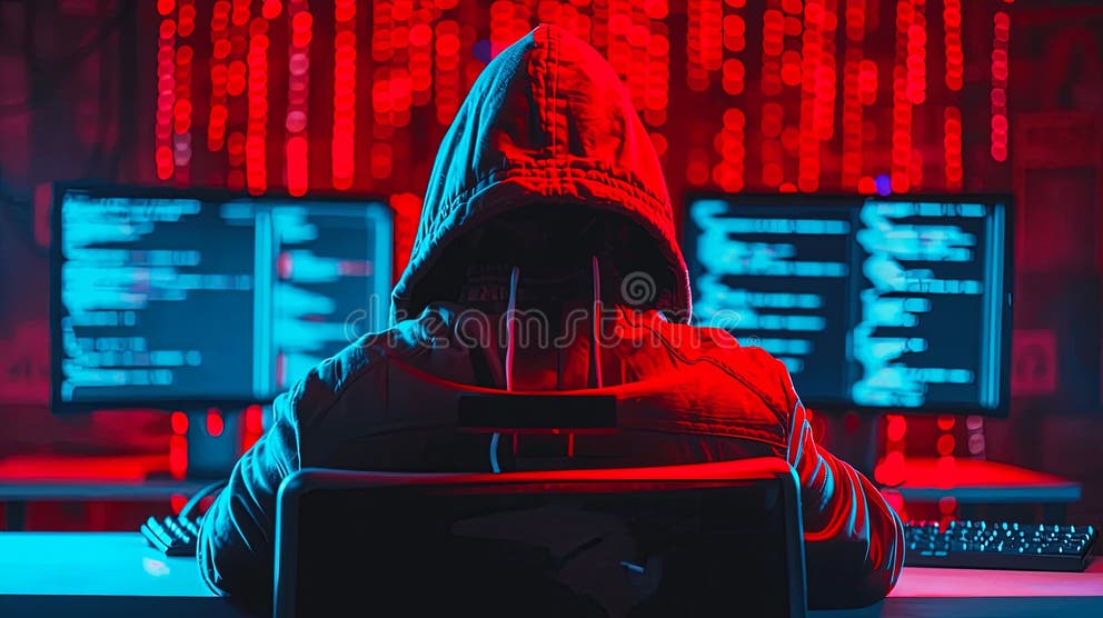 Hacker in Hoodie Using Multiple Monitors with Code, Engaging in ...