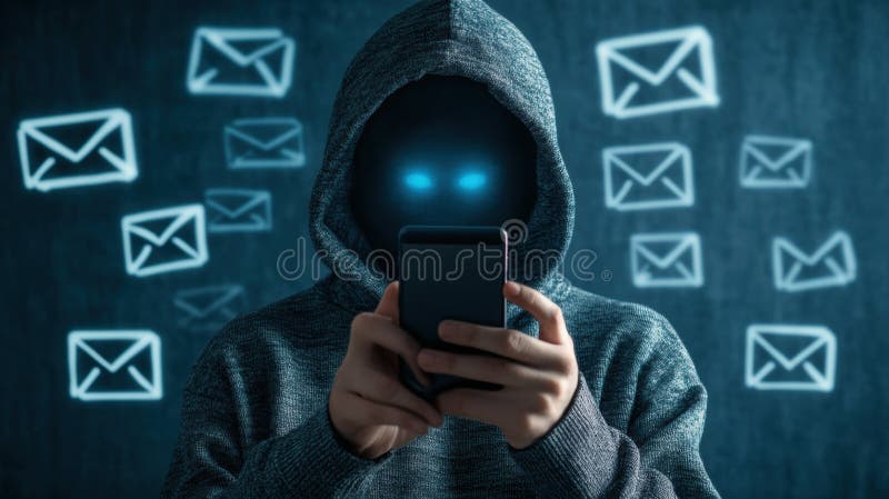 Hacker in a Hoodie Using a Smartphone, Surrounded by Floating Email ... Hacker in a Hoodie Using a Smartphone, Surrounded by Floating Email ...