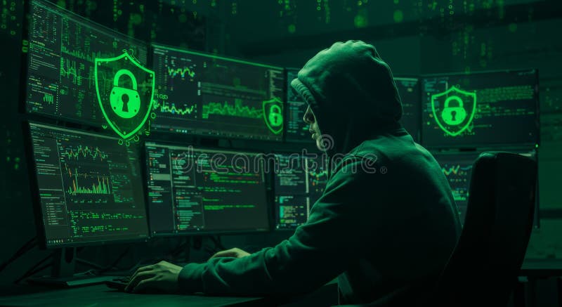 Hacker in Hoodie Working on Computer with Multiple Screens Displaying Code and Security Icons ...