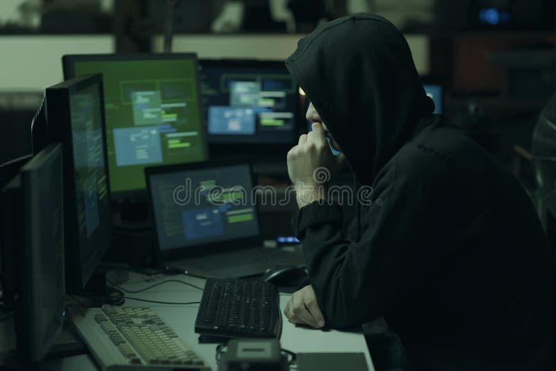 Hacker with Hoodie Working with a Computer Stock Image - Image of ...