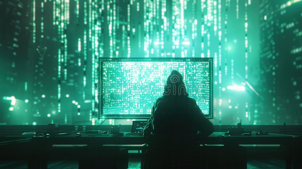 A Hacker in a Hoodie Works Intently at a Computer with a Large Screen ...