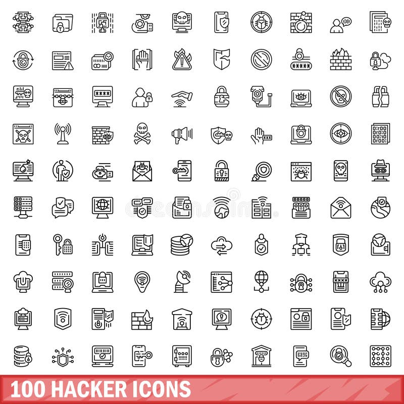 100 Hacker Icons Set, Outline Style Stock Illustration - Illustration ...