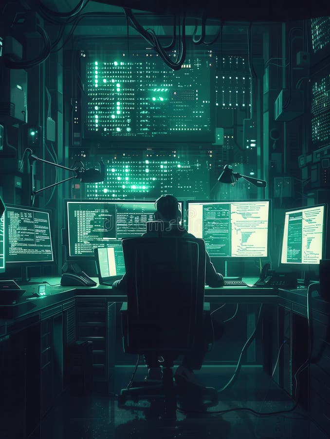 A Hacker Immersed in Work at a Desk with Multiple Computer Screens in a Dimly Lit Room ...