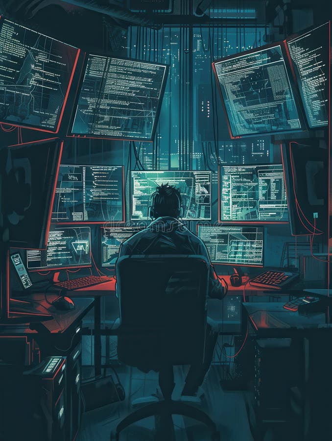 A Hacker is Intensely Focused on Coding and Data Analysis in a Dimly Lit Workspace Filled with ...