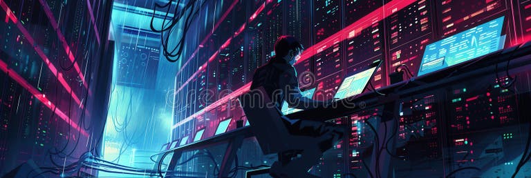 A Hacker Intensely Focuses on Multiple Computer Screens in a Server ...