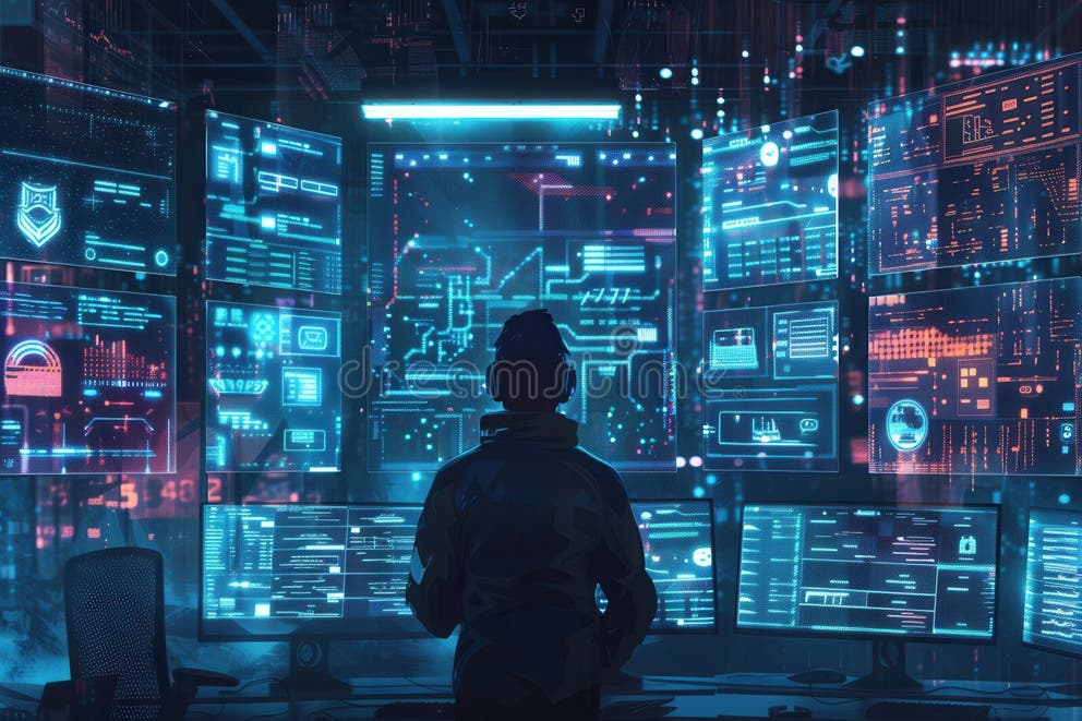 A Hacker Intently Reviews Data Across Multiple Glowing Screens in a Darkened Cybersecurity Lab ...