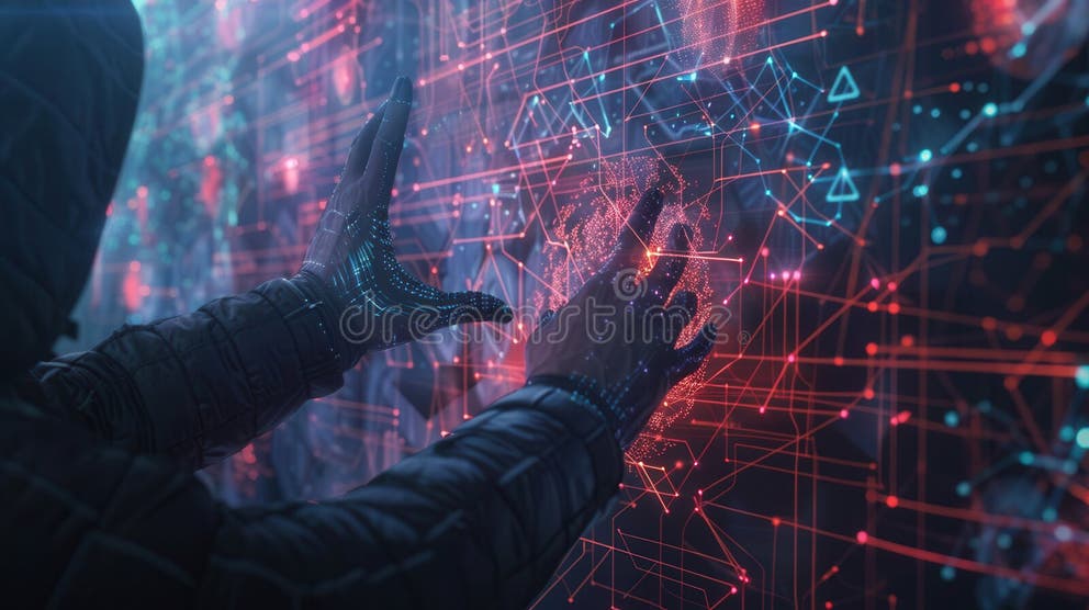 A Hacker Interacts with a Digital Interface, Manipulating Data Patterns ...