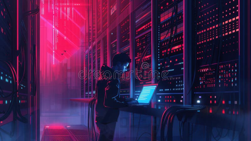 A Hacker Interacts with a Glowing Laptop while Accessing Servers in a ...