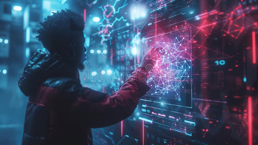 A Hacker Interacts with a Vibrant Digital Interface, Manipulating Data ...