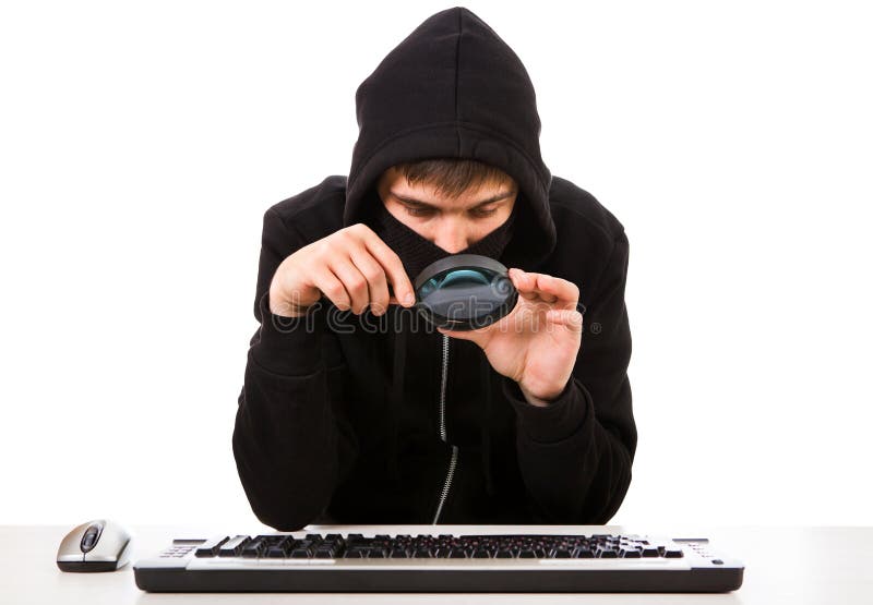 Hacker with a Magnifying Glass Stock Photo - Image of desktop, glass ...