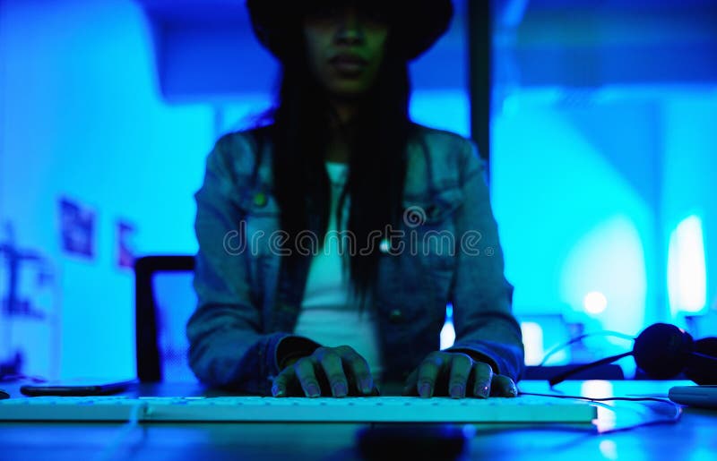 Hacker Keyboard Or Typing Hands In Neon Coding Cybersecurity Ransomware Seo Or Night Phishing