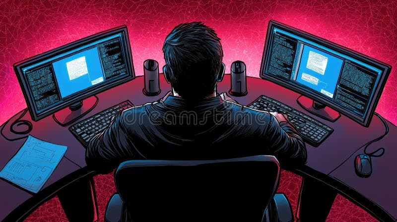 Hacker Lair with Multiple Screens Displaying Code and Data, Creating Intense Atmosphere of ...