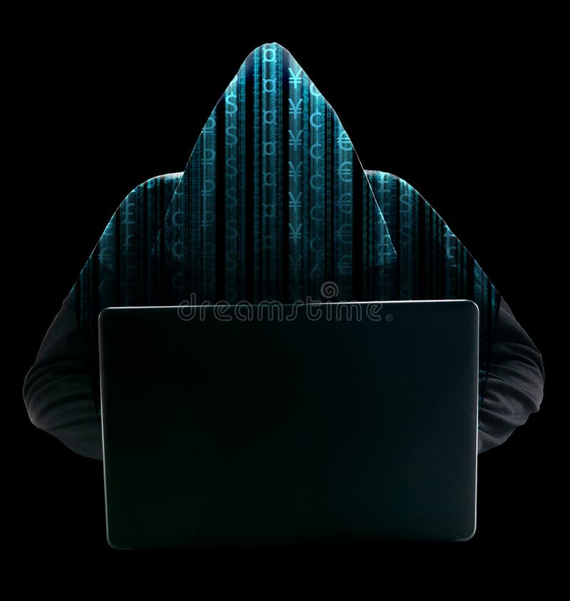 Hacker with Laptop and Binary Code, Isolated on Black. Computer ...