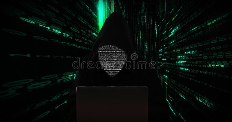 Hacker Laptop And Coding Hologram With Data Transfer For Binary Code Programming Security And