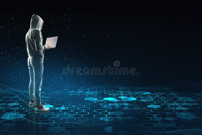 Hacker with Laptop Computer and Mock Up Place with Creative Blue ...
