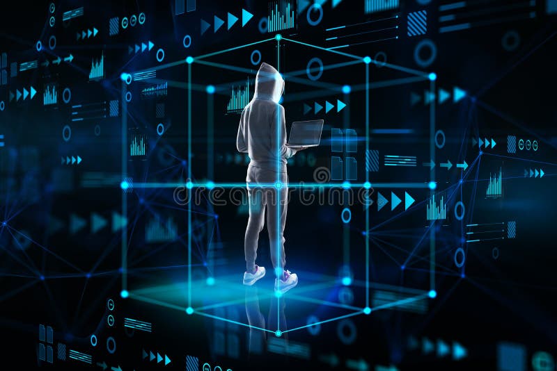 Hacker with Laptop Computer Standing Inside Abstract Cube Hologram on ...