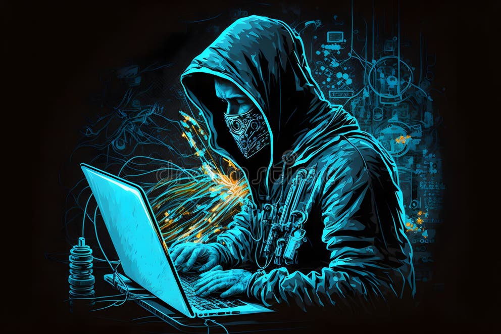 Hacker with Laptop Computer Stealing Confidential Information Created ...