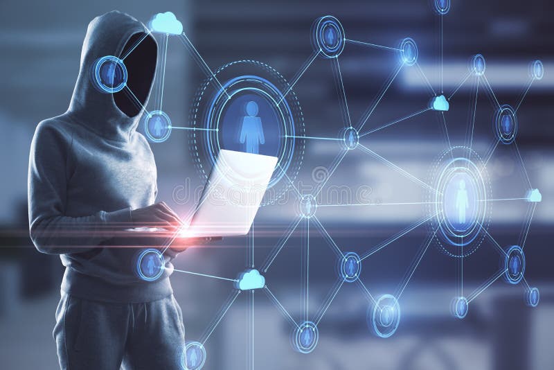 Hacker with Laptop and Creative Glowing Blue Business Interface ...