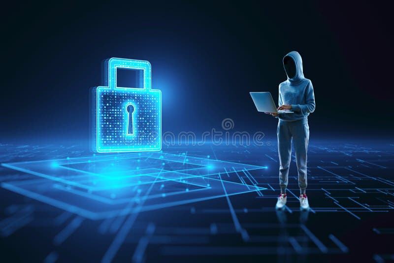 Hacker with Laptop and Glowing Padlock Hologram on Dark Background ...