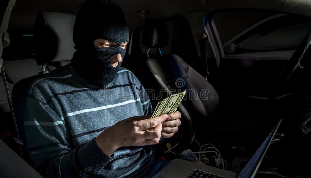 Hacker with a Laptop Inside a Car Stock Image - Image of night, money ...