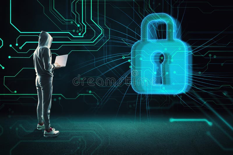 Hacker with Laptop Looking at Creative Glowing Blue Padlock Hologram on ...