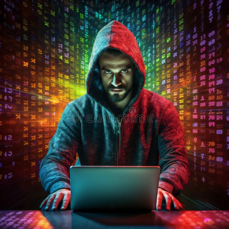 Hacker on a Laptop, a Man Wearing a Hood on a Laptop, Image Made Up of ... Hacker on a Laptop, a Man Wearing a Hood on a Laptop, Image Made Up of ...