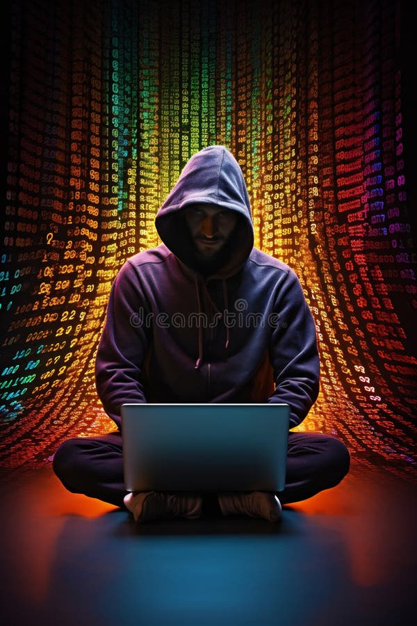 Hacker on a Laptop, a Man Wearing a Hood on a Laptop, Image Made Up of ... Hacker on a Laptop, a Man Wearing a Hood on a Laptop, Image Made Up of ...
