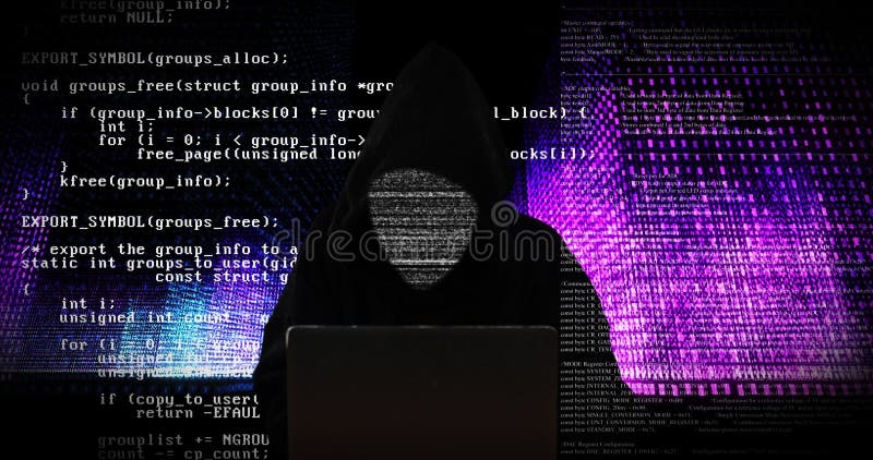 Hacker Laptop And Coding Overlay Of Language For Data Transfer Binary Code And Programming