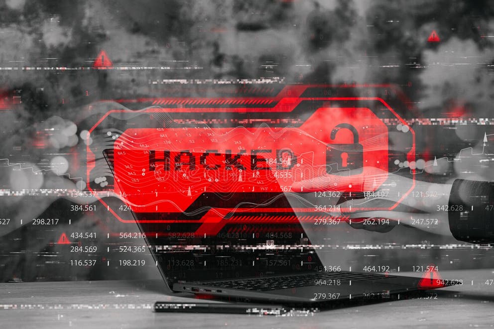 Hacker with Laptop and Red HACKED Warning and Binary Code Overlay ...