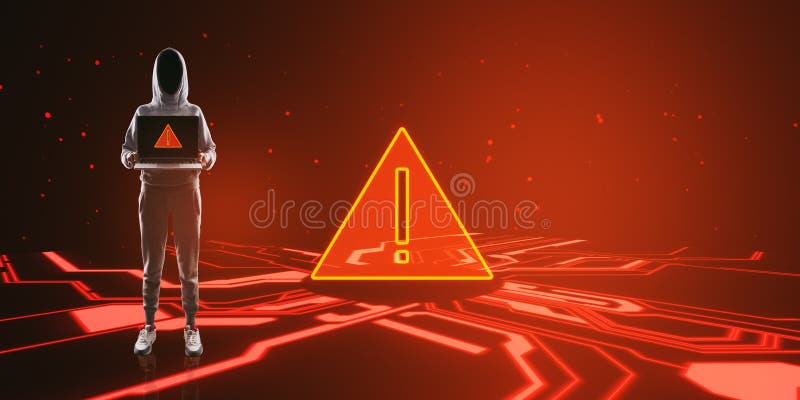 Hacker with Laptop and Red Warning Hologram on Digital Background ...