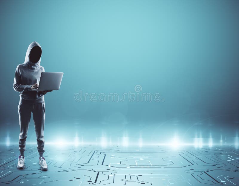 Hacker with laptop in room stock image. Image of board - 135060681