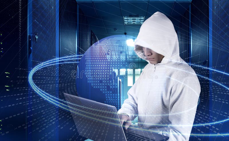 Hacker with Laptop among Servers in Your Data Center on Background of ...