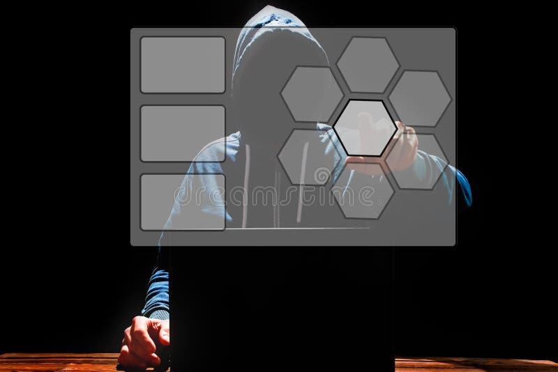 A Hacker with Laptop Sits at a Table and Abstract Binary Code. Business ...