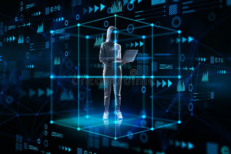 Hacker with Laptop Standing Inside Abstract Cube Hologram on Blurry ...