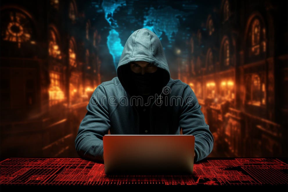 Hacker with a Laptop, Wearing a Hooded Jacket, Sits at Table Stock ...