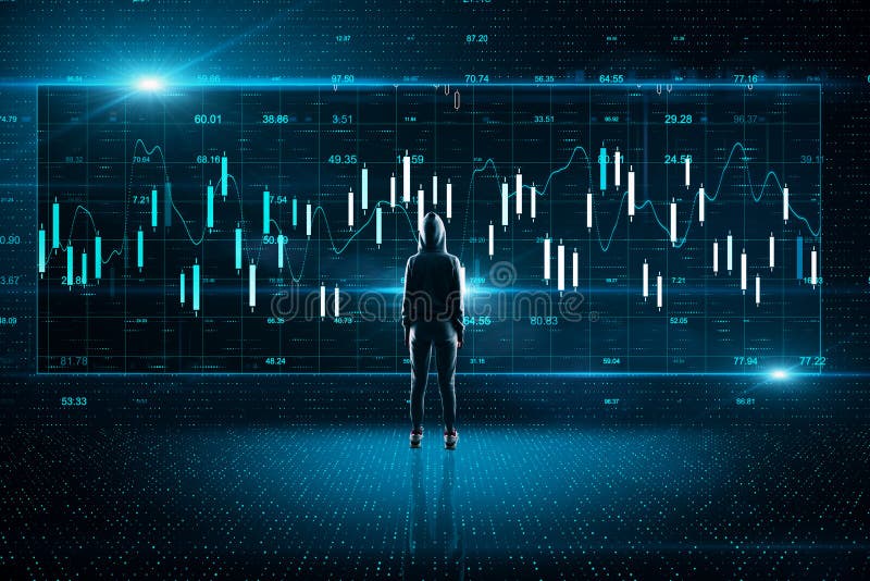 Hacker Looking on Glowing Stock Chart on Virtual Screen Stock Image ...