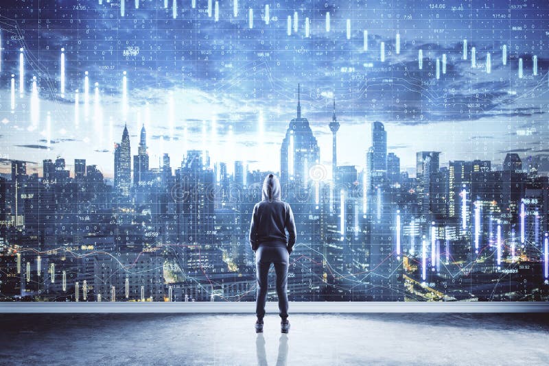 Hacker Looking on Glowing Stock Chart on Virtual Screen Stock Image ...
