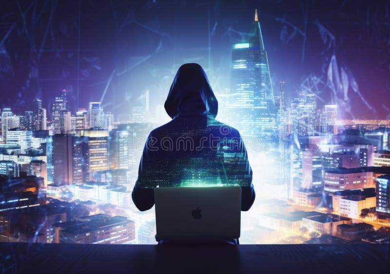 Hacker Man With Anonymous Mask Using Laptop To Hacking In The Top Building Ai Generative Stock