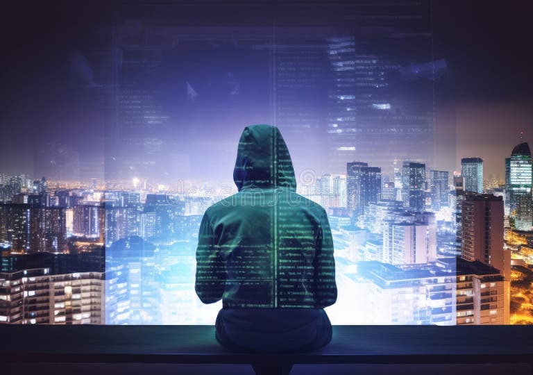 Hacker Man with Anonymous Mask Using Laptop To Hacking in the Top Building AI Generative Stock ...