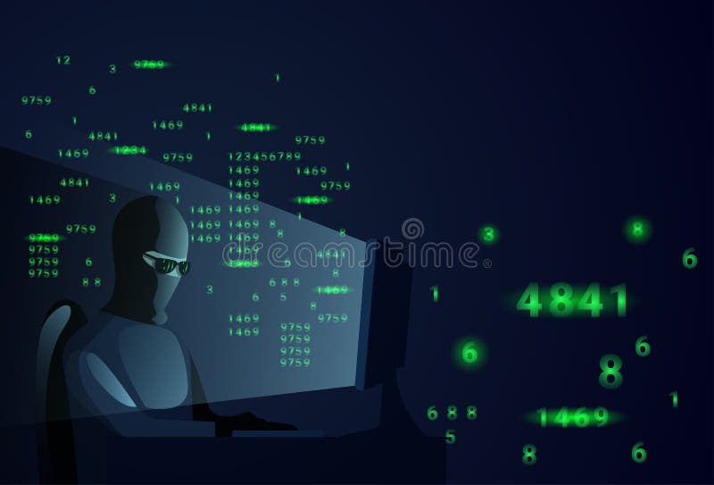 Hacker Man Behind Desktop Computer Night Attack and Data Security ...