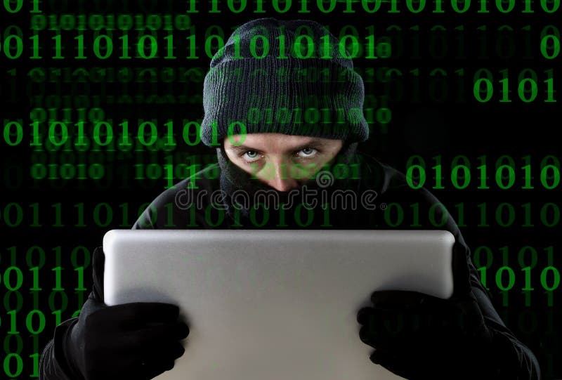 Hacker Man in Black Hood and Mask with Computer Laptop Hacking System ...